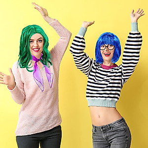 Taiyin 5 Pcs Halloween Group Costume Blue Bob Wigs Short Green Wig Halloween Team Movie Characters Costume Party Cosplay