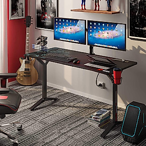 SEVEN WARRIOR Gaming Desk 55INCH with Power Outlet & Dual Monitor Mount, Carbon Fiber Surface Computer Gamer Desk with Full Desk Mouse Pad, Ergonomic Y Shaped Gamer Table with Outlet Organizer