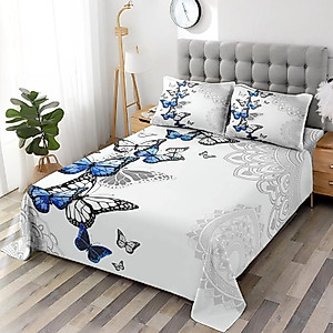 WeCozy Twin Size 3 Pcs Bed Fitted Sheet Set with 14" Deep Pocket, Abstract Circular Mandala Floral Flat Sheet Set for Kids and Adults, Summer Spring Blue Butterfly Bedding Set with Pillowcase