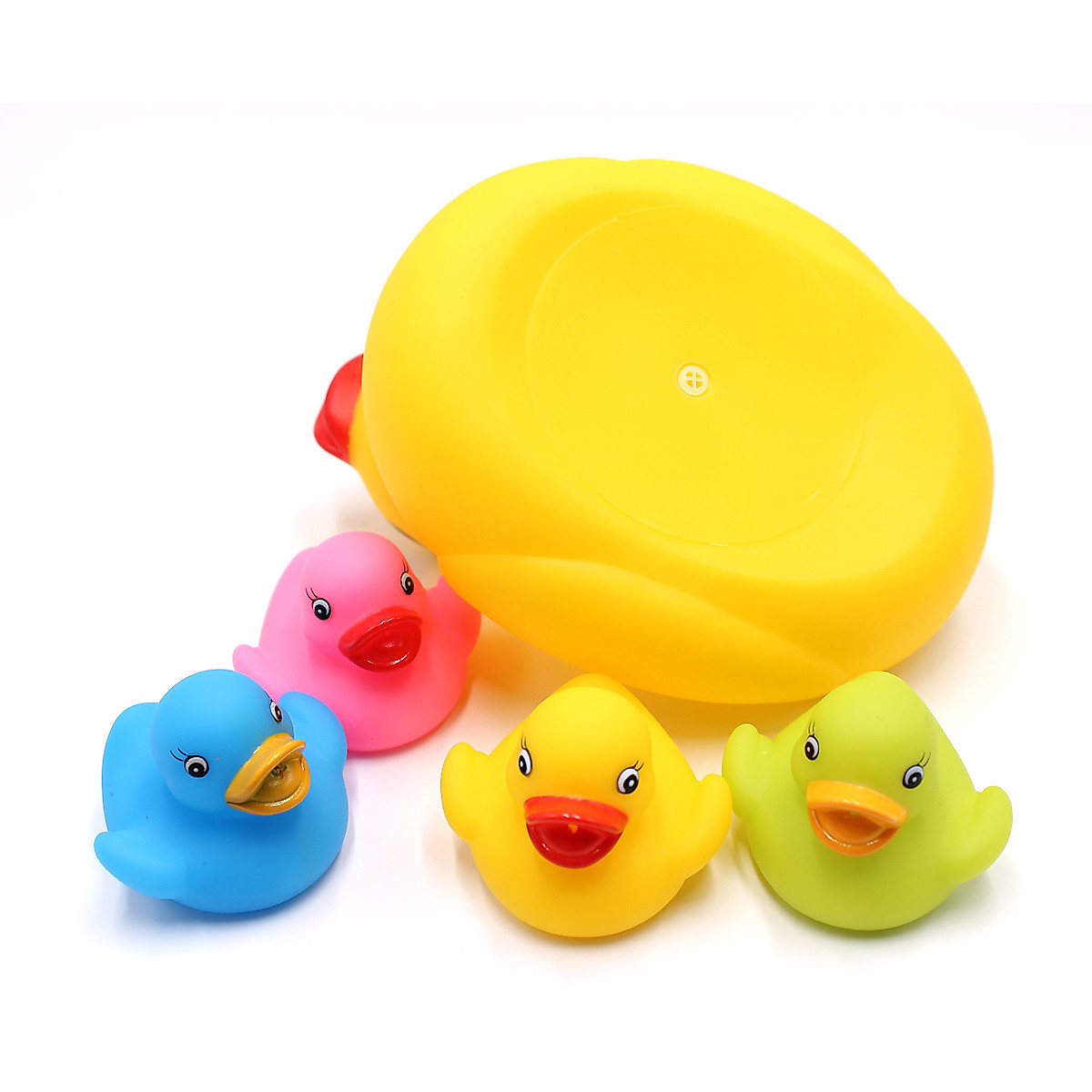 DOPHYRANIX Floating Rubber Duckies Bath Play 5 Pieces Set - Includes 1 Jumbo Mama Ducky and 4 Baby Ducks - Fun Water Tub Playing Kits(4 Colors)