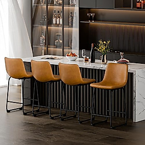 Aowos Bar Stools Set of 4, Modern Counter Height Bar Stools with Back, 26 inch Faux Leather Bar Stools with Metal Legs and Footrest, Urban Armless Dining Chairs for Kitchens Island (Brown)