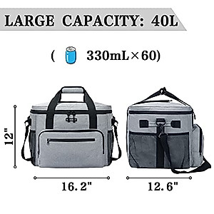 GARDRIT Large Cooler Bag - 60 Cans Collapsible Insulated Lunch Box, Leak-Proof Cooler Bag Suitable for Camping, Picnic& Beach (40L/Grey)