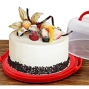Yesland Cake Carrier with Collapsible Handle - Plastic Red Cake Container and Holder with Lid - Portable Round Cake Cover for 10 inch Cake, Pies, Cookies, Nuts, Muffins and Fruit