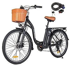 KORNORGE Electric Bike for Adults - 26" City Commuter Ebike, 350W Motor with Removable Battery, Shimano 6-Speed and Dual Shock Absorber, Electric Cruiser Bike with Basket for Female Male. Black