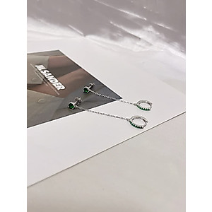 Dainty Round CZ Stud Small Hoop Cuff Cartilage Double Piercing Earrings for Women Teen Girls 925 Sterling Silver Threader Chain Drop Dangle Delicate Two Holes Cubic Zirconia Crystal Huggie Hoops