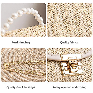 Straw Purses for Women, Summer Beach Straw Bag Hand-woven Crossbody Bag Small Pearl Top Handle Satchel Handbag for Travel Vacation (White)
