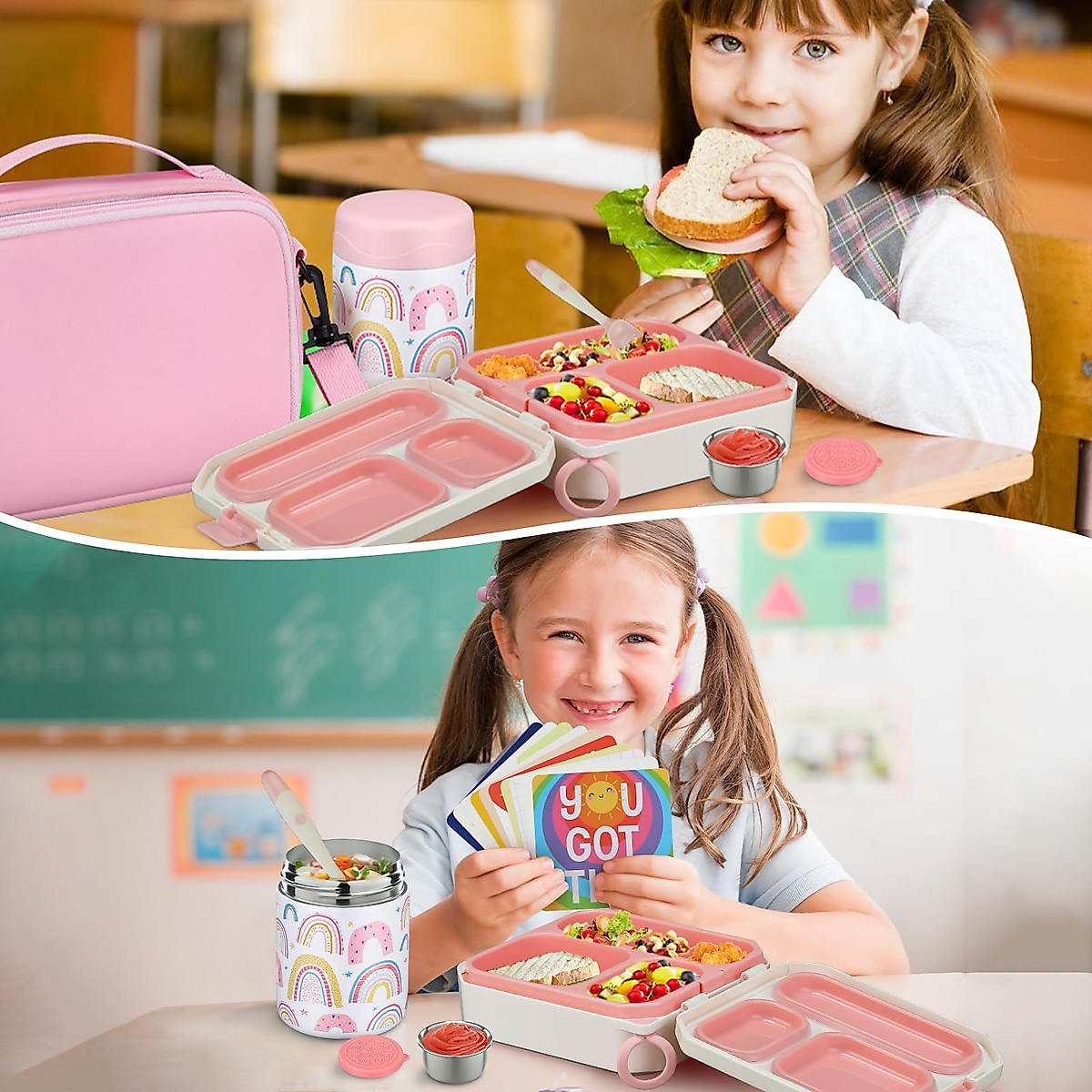 wiwens Bento Lunch Box for Kids with 12oz Soup Thermo Leak-Proof Lunch Food Container with 5 Compartment Thermo Hot Food Jar and Insulated Lunch Bag for Kid Toddler Girls Boys to School