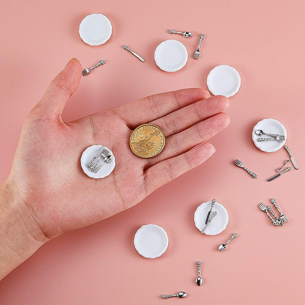 Skylety 4 Pieces 1:12 Scale Miniature Dollhouse Plates and 12 Pieces Spoons Knives Forks Metal Tableware Kitchen Accessories Miniatures Porcelain Plate Set Dollhouse Decoration