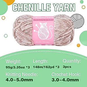 LUNARM Chenille Velvet Yarn, Yarn for Crocheting Knitting with Big Eye Needles, Handcrafts Weaving Soft Chenille Yarn for Making Blankets, Clothes, Pattern Knitting-3*3.35oz,3*162yds (Light Khaki)