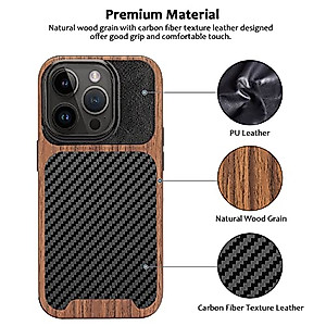 ZZDZZ Magnetic Case Compatible with iPhone 14 Pro Max Case [Compatible with MagSafe] Wood and Leather Carbon Fiber Design Hybrid Shockproof Phone Case (Black)