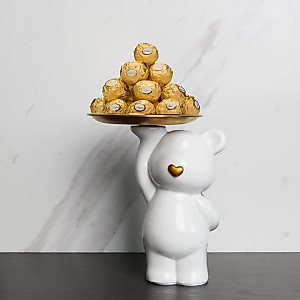 OILISI Jewelry Tray,Ceramic Bear Statues with Gold Dish for Ring Earring Holder,Decorative Tray for Table Bathroom Living Room Entry-way Decoration,Fit for Candy Key Necklaces Lipstick Holder