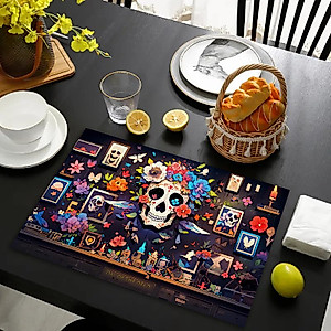 Day of The Dead Halloween Placemats Mexican Style Table Mats Colorful Flower Skull Table Placemat Dinner Mats for Dia De Los Muertos Halloween Home Kitchen Supplies, 4Pc