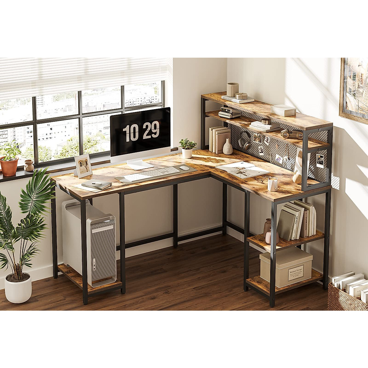 CubiCubi L Shaped Computer Desk with Hutch & Iron Mesh, 59 inch Large Home Office Desk with Storage Shelves, Study Table Writing Desk Workstation, Brown