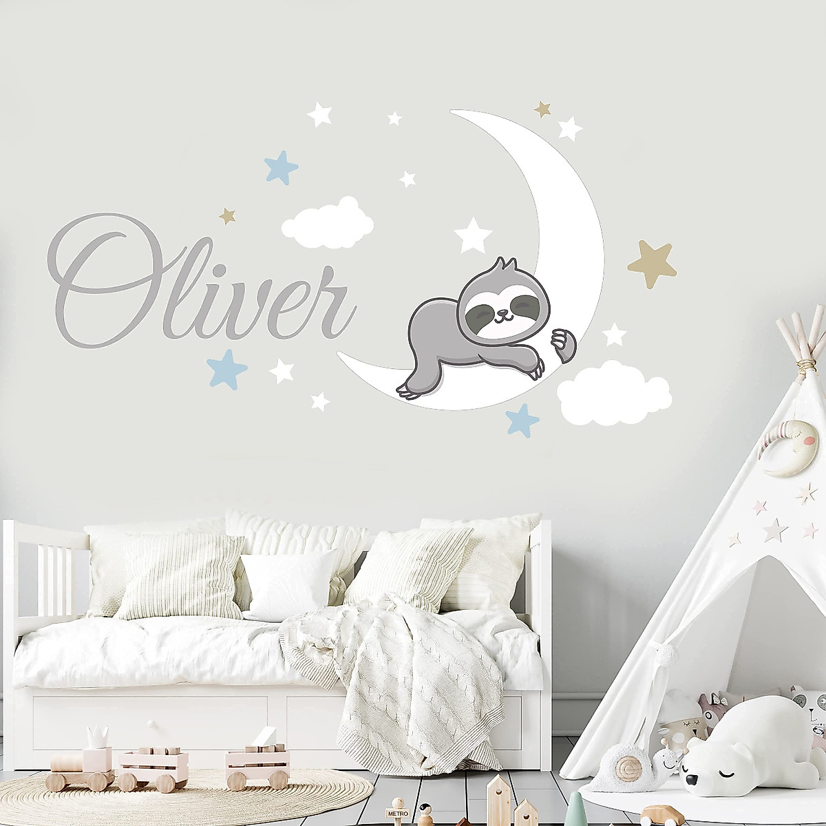 waldo Custom Name Sloth Moon Stars Nursery Wall Decal - WM45. Removable Nursery Wall Decal for Baby Room - Mural Wall Decal for Kids