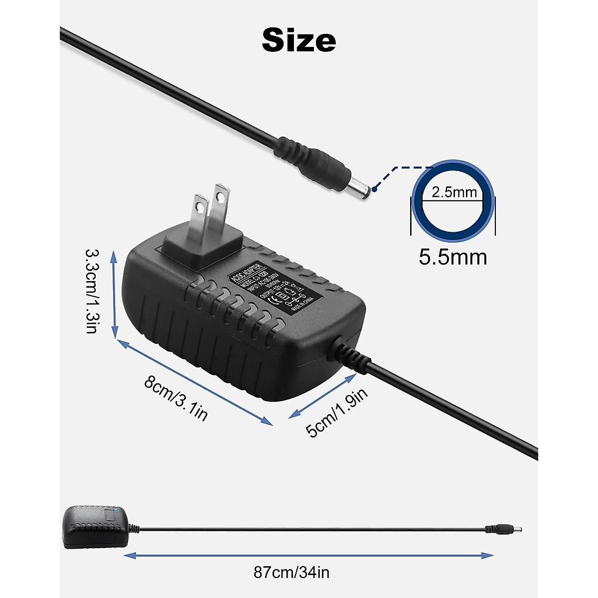 DC 12 Volt 2 Amp Power Supply 2A AC Adapter 100-240V 50-60Hz AC to DC 12V Power Cord with 5.5mmx2.5mm DC Outlet Plug & 10 Sizes of Tips for LED Strip Light Speaker Router CCTV Camera [ DC 12V 2A ]