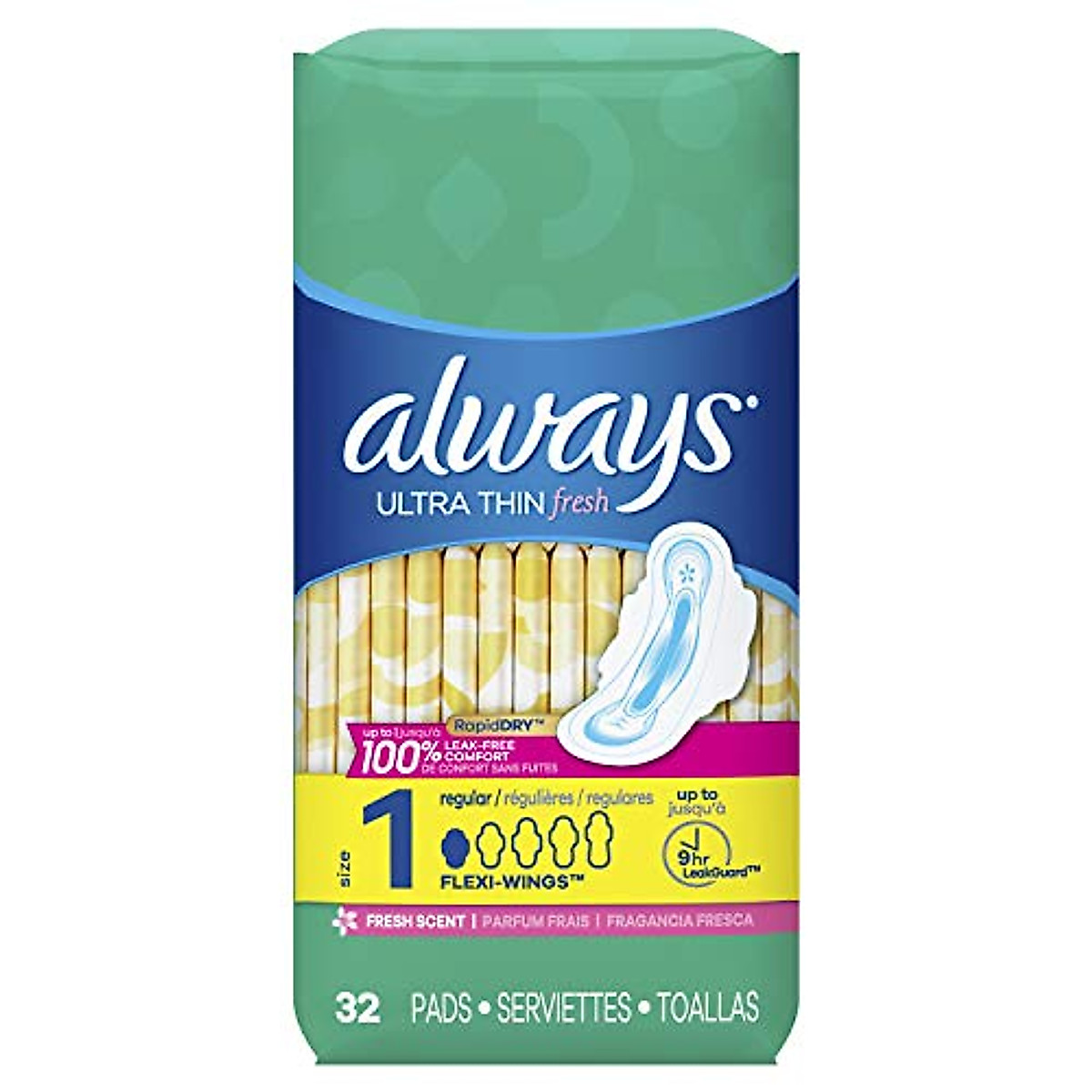 Always Ultra Thin Pads Size 1 Regular Absorbency Scented with Wings, 32 Count (Pack of 2), Packaging may vary