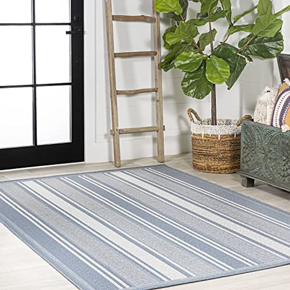 JONATHAN Y SMB202E-8 Haynes Modern Double Stripe Indoor Outdoor Area-Rug, Rustic, Transitional, Farmhouse Easy-Cleaning,Bedroom,Kitchen,Backyard,Patio,Non Shedding, Blue/Light Gray, 8 X 10