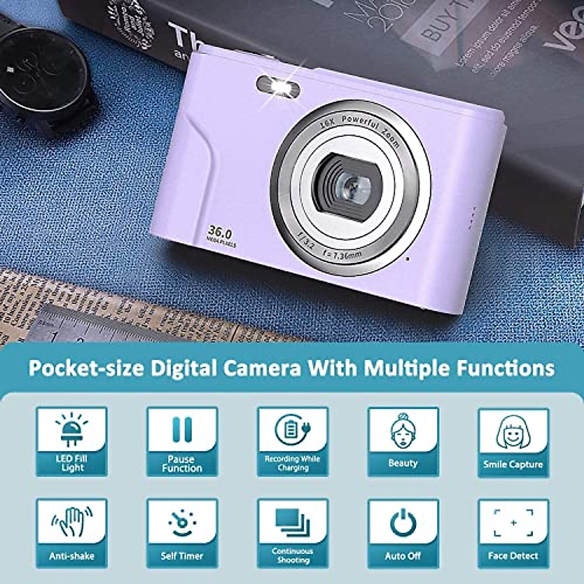 Digital Camera, FHD 1080P 36MP Video Camera Rechargeable Kids Camera with 16X Digital Zoom & 2 Batteries, Compact Point and Shoot Portable Small Camera for Teens Students