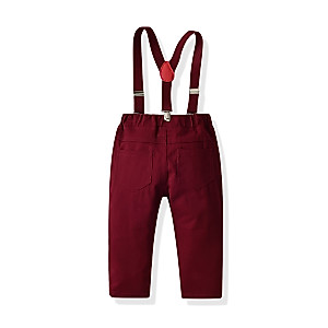 Technorox Toddler Boys Dress Clothes Set Bow Tie Flannel Plaid Shirts + Suspender Burgundy Pants Baby Gentleman Outfits Suit