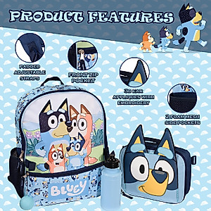 Bluey Girls & Boys Toddler 4 Piece Backpack Set for Kindergarten , School Bag with Front Zip Pocket, Mesh Side Pockets, Insulated Lunch Box, Water Bottle, and Squish Ball Dangle