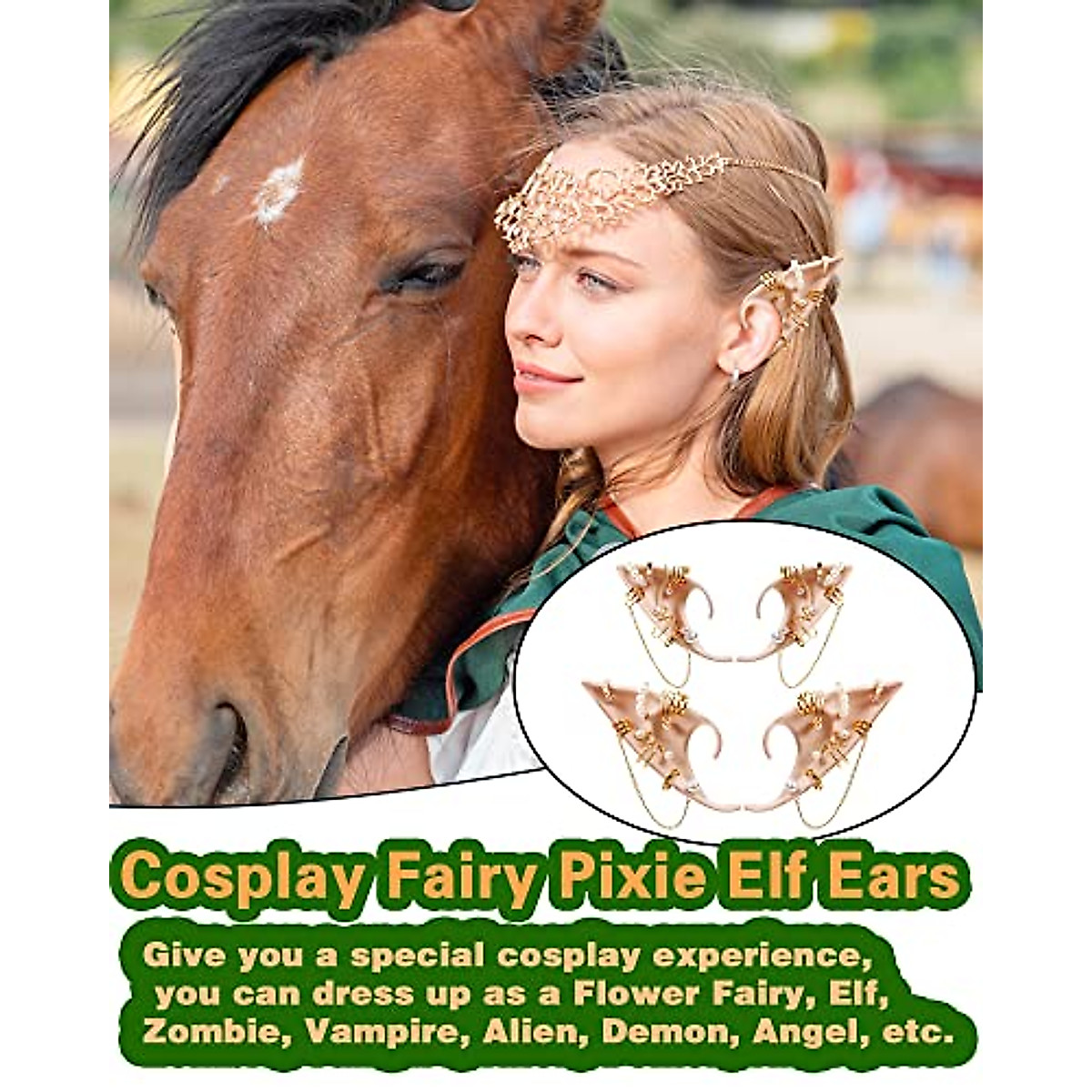 Hikkcos 3Pcs Elf Ears with Piercings Earrings Cosplay Fairy Pixie Ears Halloween Fairy Ears Soft Pointed Elf Ears Pearls Earring with Chains for Fairy Dress Up Accessories