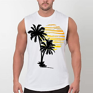 Beach Tank Top Men Hawaiian Palm Tree Sleeveless Shirt White 2XLarge