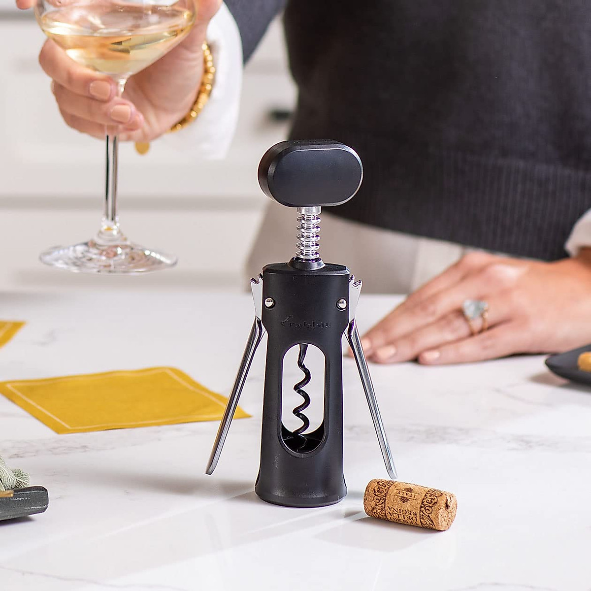 Rabbit Premium Wine Wing Corkscrew Wine Opener and Bottle Opener, Black 2.36 x 1.97 x 7.68 IN