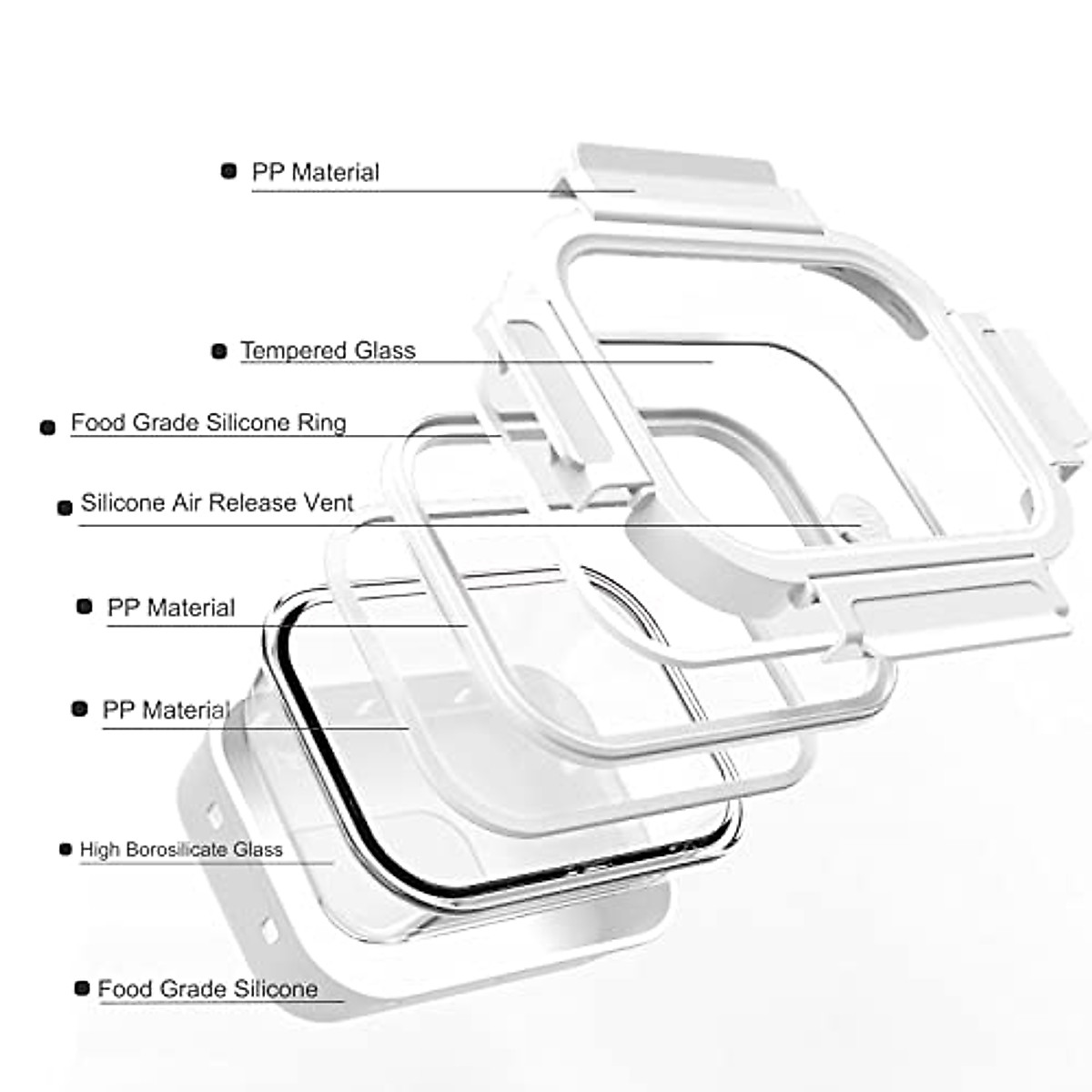 GENICOOK Borosilicate Tempered Glass Food Storage Containers with Glass Lids - Food Grade Silicone Wrap & Air Release Vent, Rectangular shape - 8 Pc Set (4 Containers - 4 Matching Lids) White