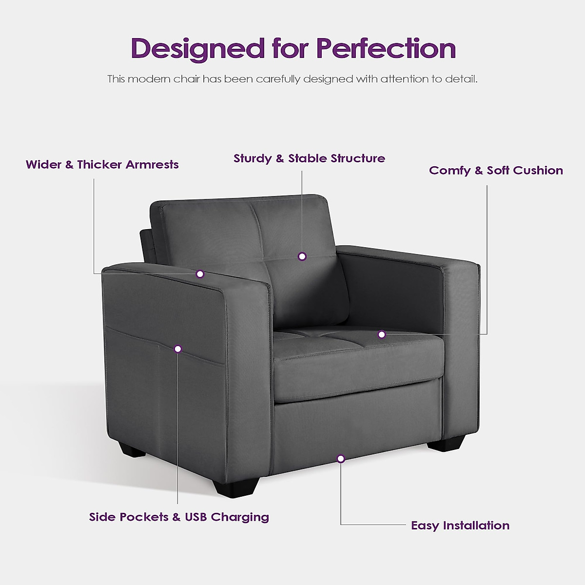 TYBOATLE Accent Chair, 38.58" W Mid-Century Modern Linen Fabric Tufted Living Room Chair, Comfy Upholstered Reading Club Arm Chairs for Living Room, Bedroom, Office (Dark Grey)