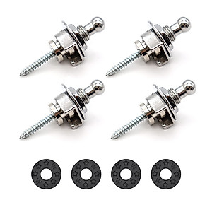 Tnuocke 4pcs Silver Metal Guitar Straps Button Lock Set, Guitar Strap Locks with Easy Remove Screw Release Straplocks 4 Black Rubbers Washers(Silver) H-K-003-W
