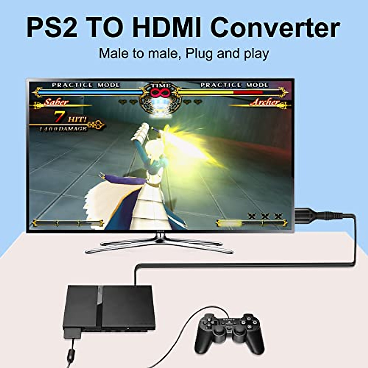 PS2 to HDMI Converter Adapter Video Converter PS2 to HDMI Adapter Cable 1m/3.2ft for HDTV HDMI Monitor Supports All PS2 Display Modes