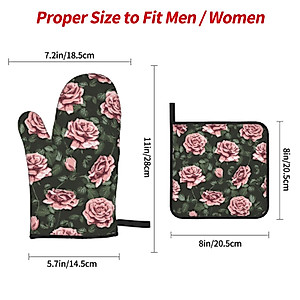 Oven Mitts and Pot Holders Sets 4 Piece, Pink Rose Flower Green Leaves Oven Gloves Heat Resistant Non-Slip for Kitchen Cooking Grilling Baking