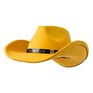 Lanzom Women Men Classic Felt Wide Brim Western Cowboy Cowgirl Hat with Belt Buckle(Yellow, Medium)