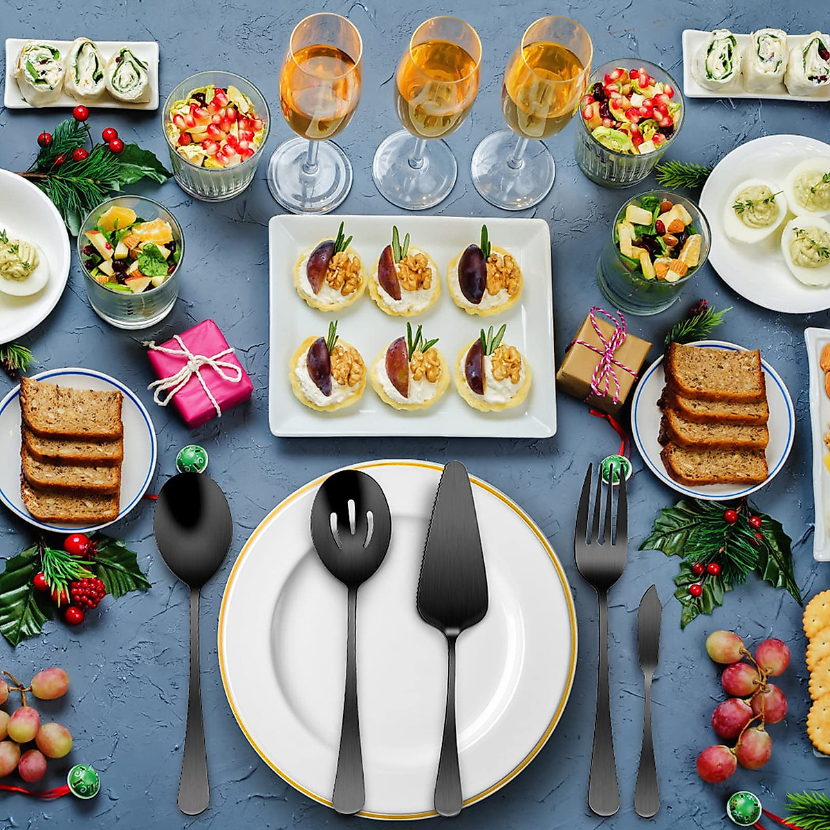 Matte Black Serving Utensils HaWare 5-Piece Stainless Steel Hostess Serving Set for Party Kitchen Restaurant, Satin Finished, Include Spoons, Slotted Spoon, Forks, Pie Server, Butter Knife