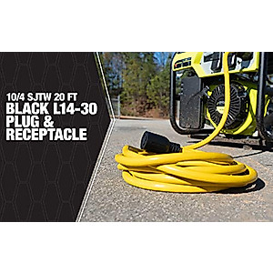 Southwire 65172840 20-Foot 30Amp Generator Cord, 10-Gauge Heavy Duty Electrical Power Cable with L14-30 Locking Plug, 125V / 250V, Yellow, Feet, Black