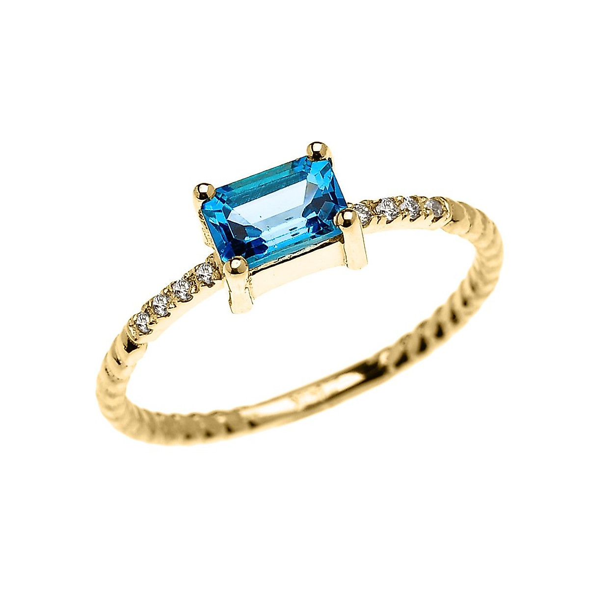 10k Yellow Gold Diamond and Emerald Cut Solitaire Blue Topaz Dainty Promise/Engagement Ring(Size 7.5)
