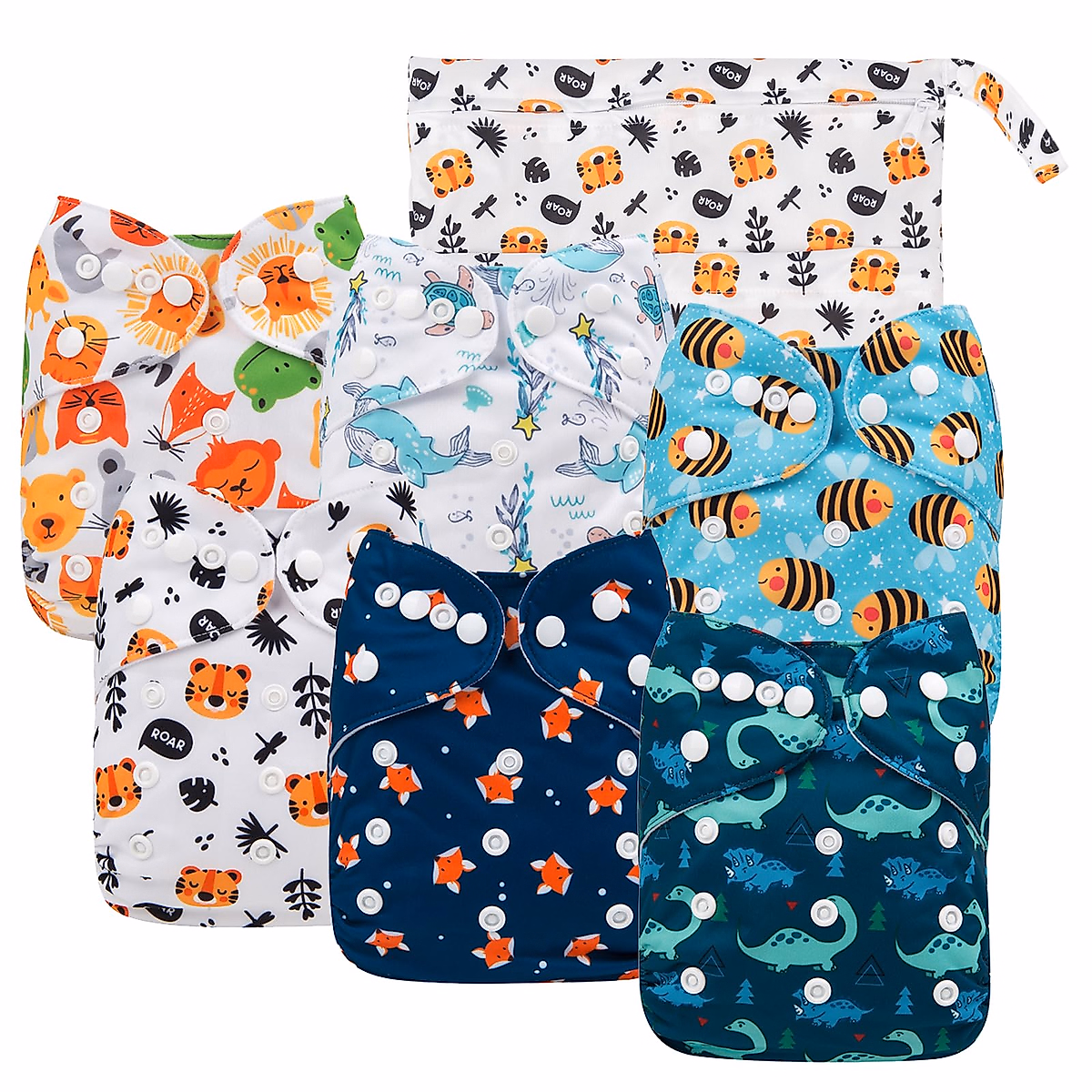 Babygoal Cloth Diaper Covers 6 Pack+Wet Bag for Fitted Diapers and Prefolds with Double Gussets, Adjustable and Reusable for Baby Boys 6DCF08