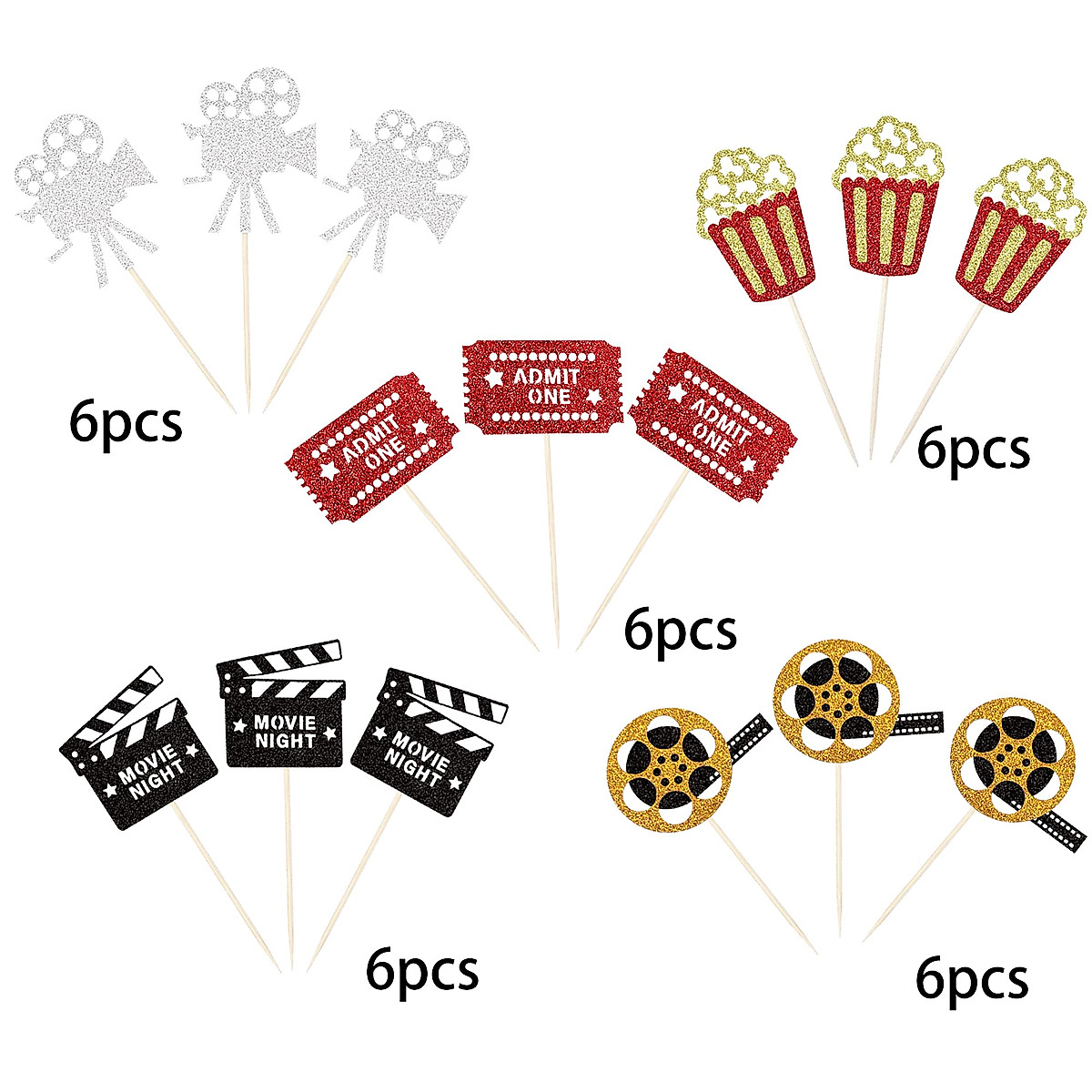 30 PCS Movie Cupcake Toppers Glitter Movie Night Roll Camera Popcorn Cupcake Picks for Hollywood Theme Baby Shower Kids Birthday Party Cake Decorations Supplies
