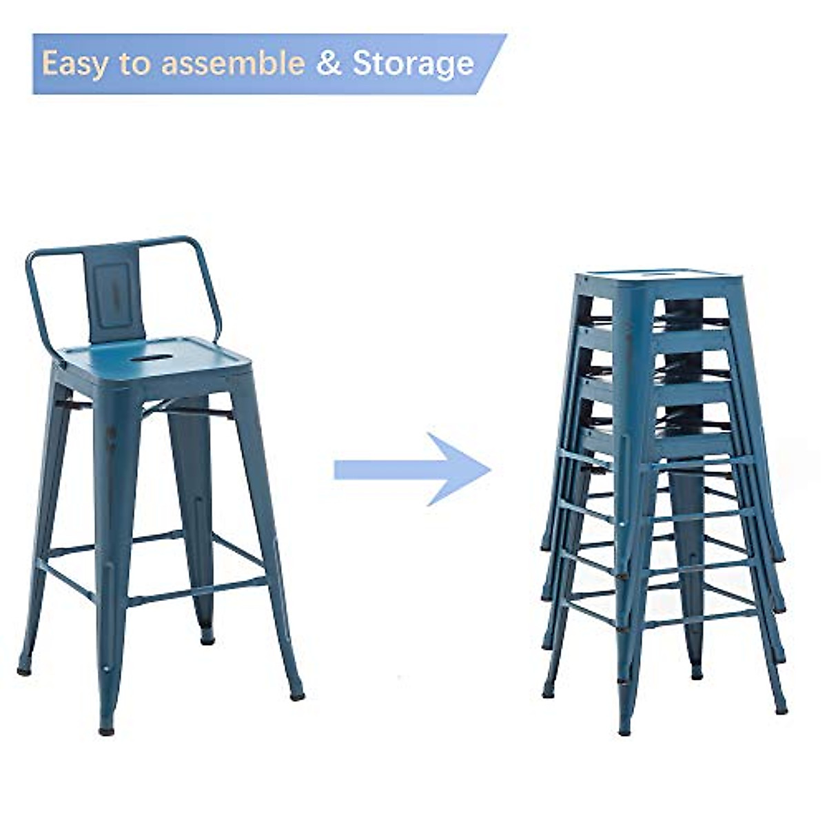 Alunaune 26" Metal Bar Stools Set of 4 Counter Height Barstools Industrial Counter Stool Kitchen Bar Chairs Indoor Outdoor-Low Back, Distressed Navy