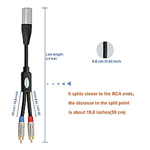 tisino 2 RCA to XLR Male Y Splitter Cable, Unbalanced Dual RCA Male to 1 XLR Splitter Duplicator Lead Y-Cable Adapter - 3.3 feet
