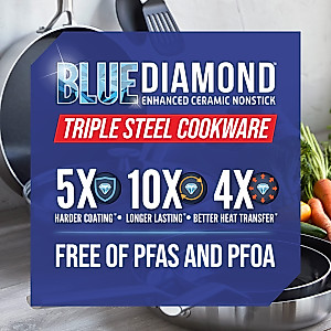 Blue Diamond Cookware Tri-Ply Stainless Steel Ceramic Nonstick, 11 Piece Cookware Pots and Pans Set, PFAS-Free, Multi Clad, Induction, Dishwasher Safe, Oven Safe, Silver
