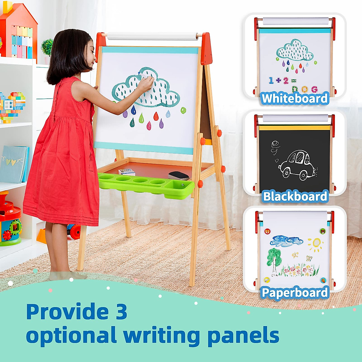 TOOKYLAND Wooden Easel for Kids - Adjustable Height Stand with Magnetic Whiteboard, Chalkboard, Paper Roll, Magnets, Drawing and Painting Accessories; Arts & Crafts Toy for 3 Year Old +