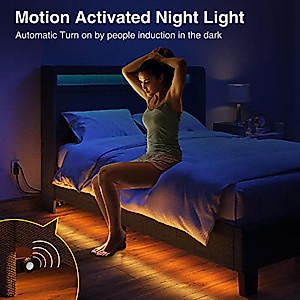 Rolanstar Bed Frame Twin Size with Headboard, Upholstered Platform Bed Frame Twin with LED Lights and USB Ports, Motion Activated Night Light & Solid Wood Slats, No Box Spring Needed, Dark Grey