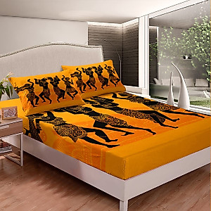 African Themed Bed Sheet Set Queen Size African Pattern Fitted Sheet for Kids Decor Ethnic Afro Decor Bedding Set Tribal Dance Bed Cover Deep Pocket Traditional Exotic Style Bed Set