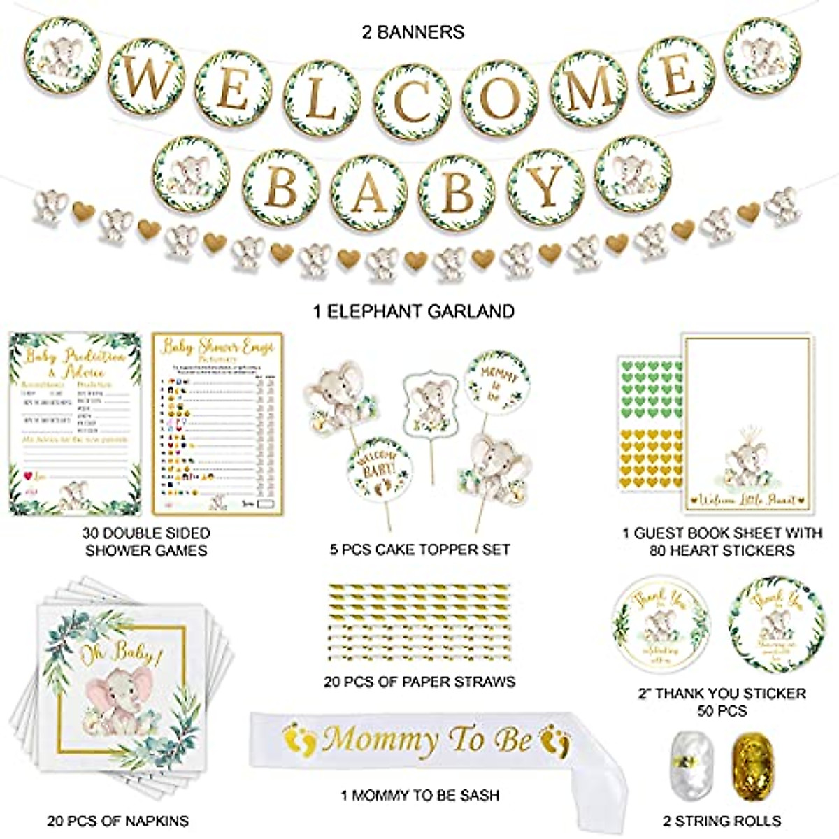 252 PC Elephant Theme Baby Shower Decorations for Boy or Girl Kit -Gender Neutral Welcome Baby Banners Garland Guestbook Sash Balloons Cake Topper Paper Decor Napkins Straws Games & Thank You Stickers