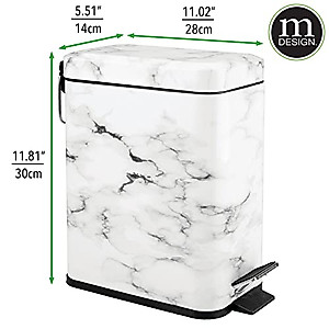 mDesign Metal Freestanding Slim Toilet Bowl Brush and Holder + Rectangle Narrow 5 Liter / 1.3 Gallon Step Pedal Trash Can Wastebasket for Bathroom - Small, Compact Design - Set of 2 - White Marble