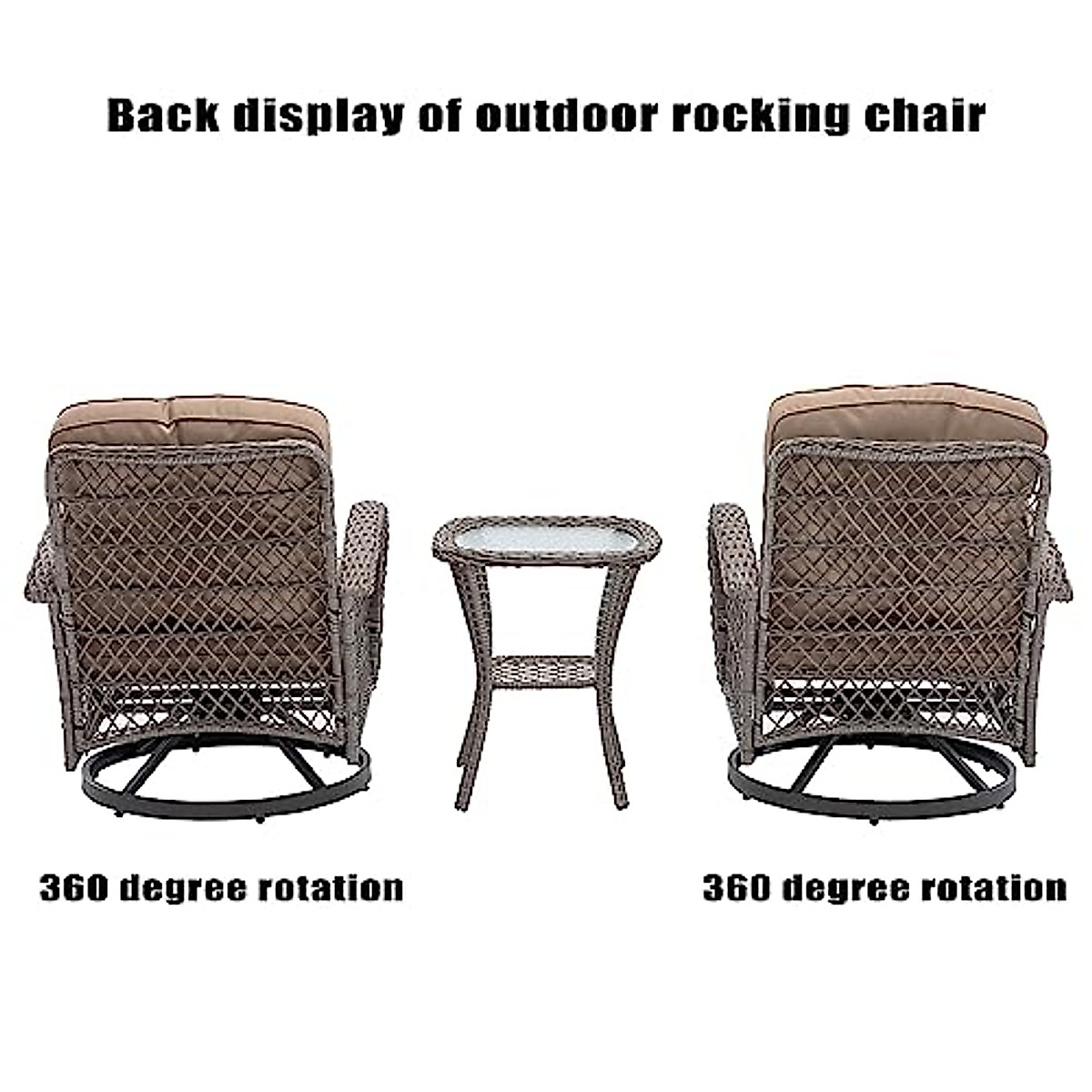 Rocking Chairs for Outside, Wicker Rocking Chairs Set of 2, Patio Rocking Chair with Rattan Table, Rocker Chair Outdoor with Comfortable Cushions, 360° Swivel Rocker Chairs for Yard, Porch, Balcony