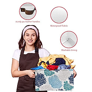 Blue Teal Coral Storage Basket Waterproof Cube Storage Bin Organizer with Handles, Summer Beach Coastal Modern Geometric Collapsible Storage Cubes Bins for Clothes Books Toys 15"x11"x9.5" 2 Pcs