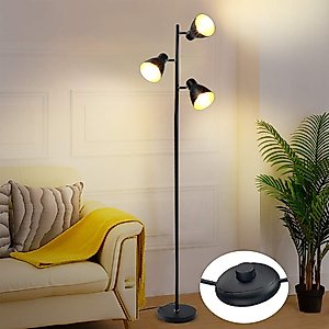 DLLT Industrial Tree Floor Lamp with 3 Bulbs, Farmhouse Black Standing Light, Skinny Tall Pole Lamp, Metal Bright Reading Lamps for Living Room Bedroom, Adjustable Heads, Foot Switch, Mid Century