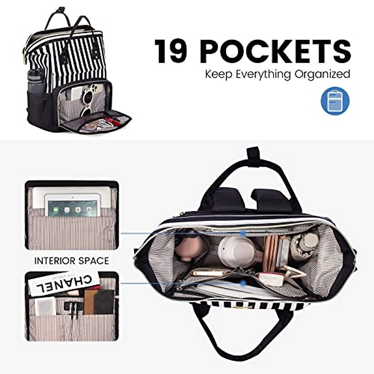 LOVEVOOK Laptop Backpack Women Teacher Backpack Nurse Bags, 15.6 Inch Womens Work Backpack Purse Waterproof Anti-theft Travel Back Pack with USB Charging Port (Black-Thick Stripe)